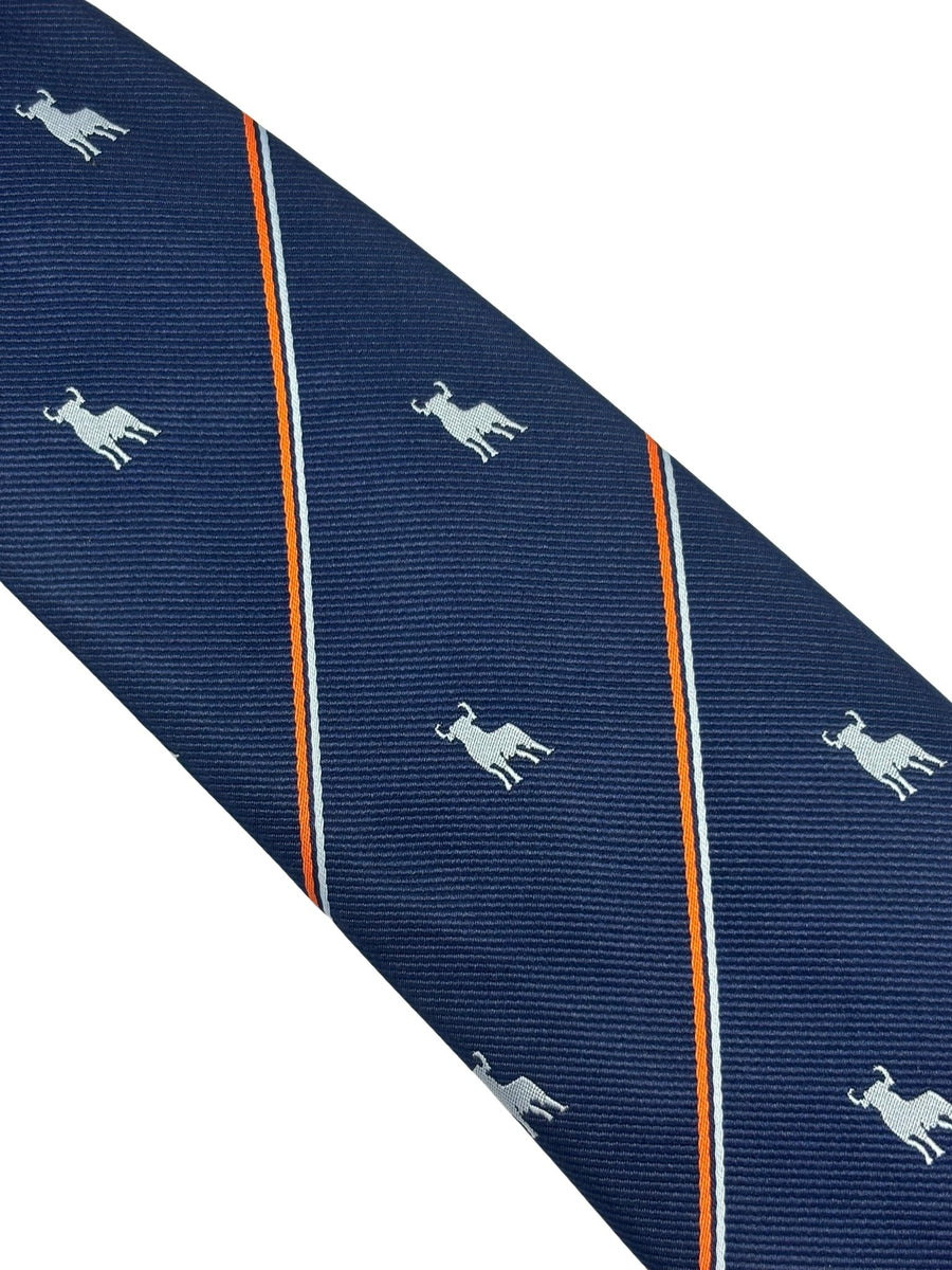 Handmade navy tie with bull ox bovine silhouette and striped design design by Frederick Thomas ...