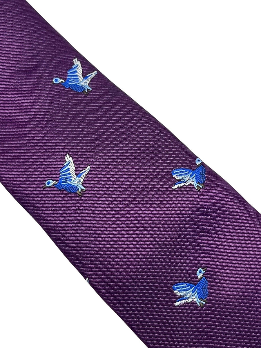 Plum aubergine purple tie with embroidered hunting partridge bird desi ...