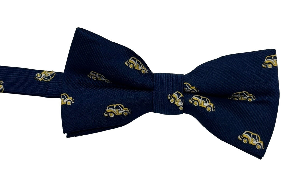 Quirky navy blue adult bow tie with yellow taxi car design by Frederick ...