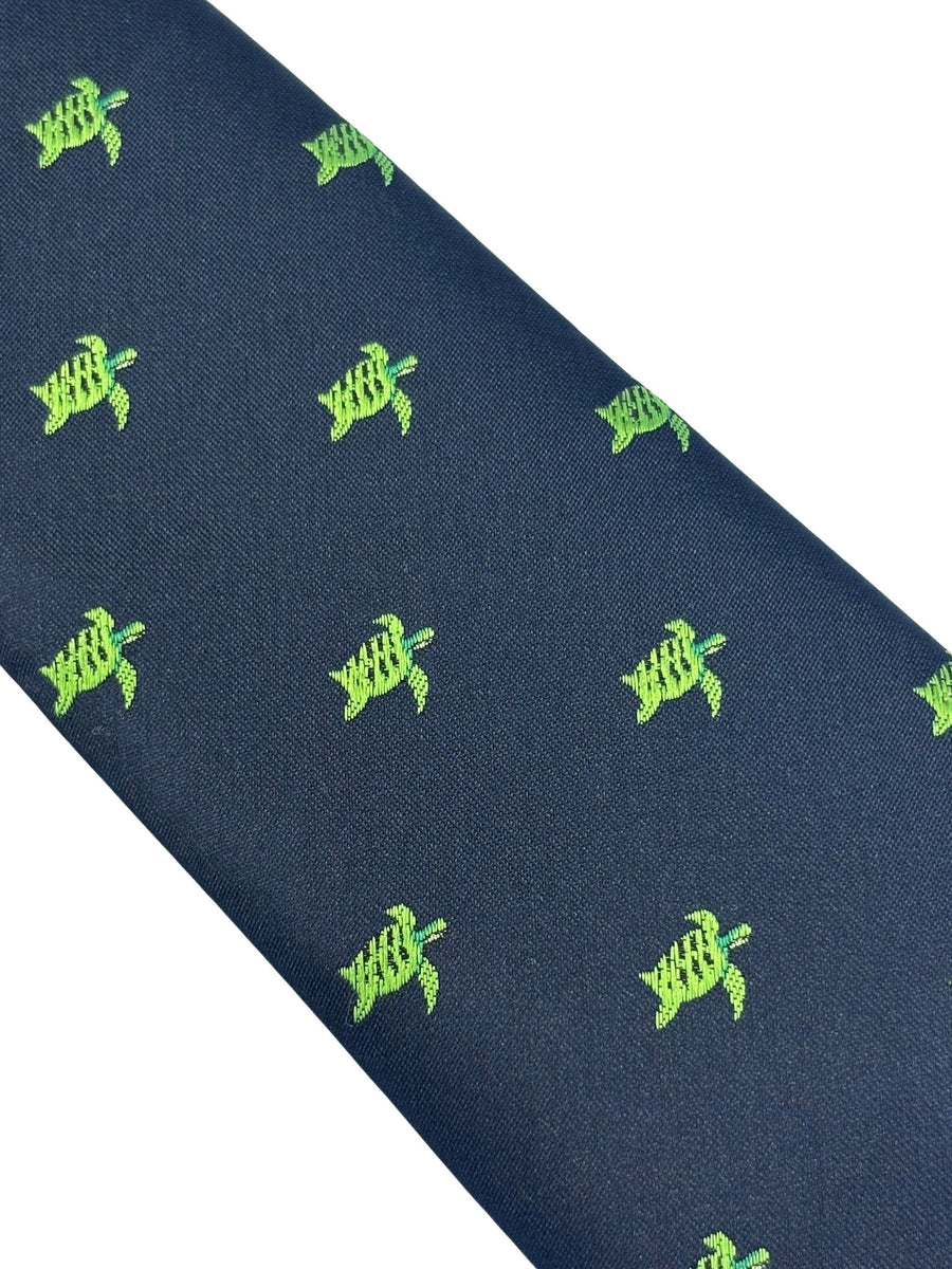 Handmade navy dark blue tie with embroidered swimming sea turtle design ...
