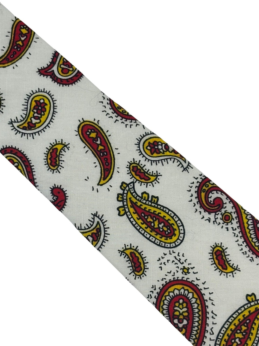 Handmade white cotton tie with a red and yellow paisley design by ...