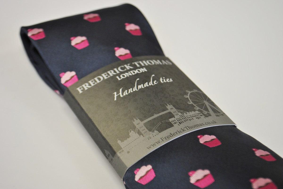 navy tie with cupcake design – Frederick Thomas Handmade Mens Ties