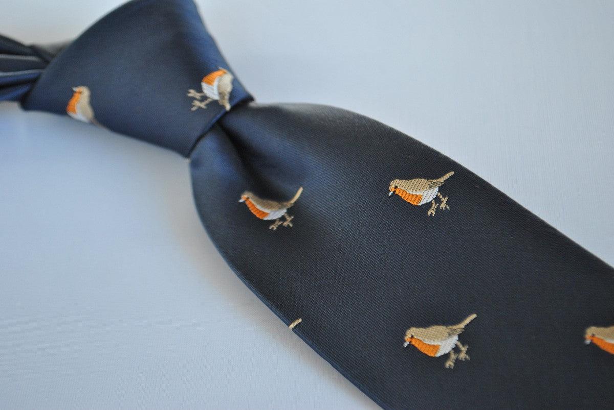handmade navy christmas tie with robin design and signature floral ...