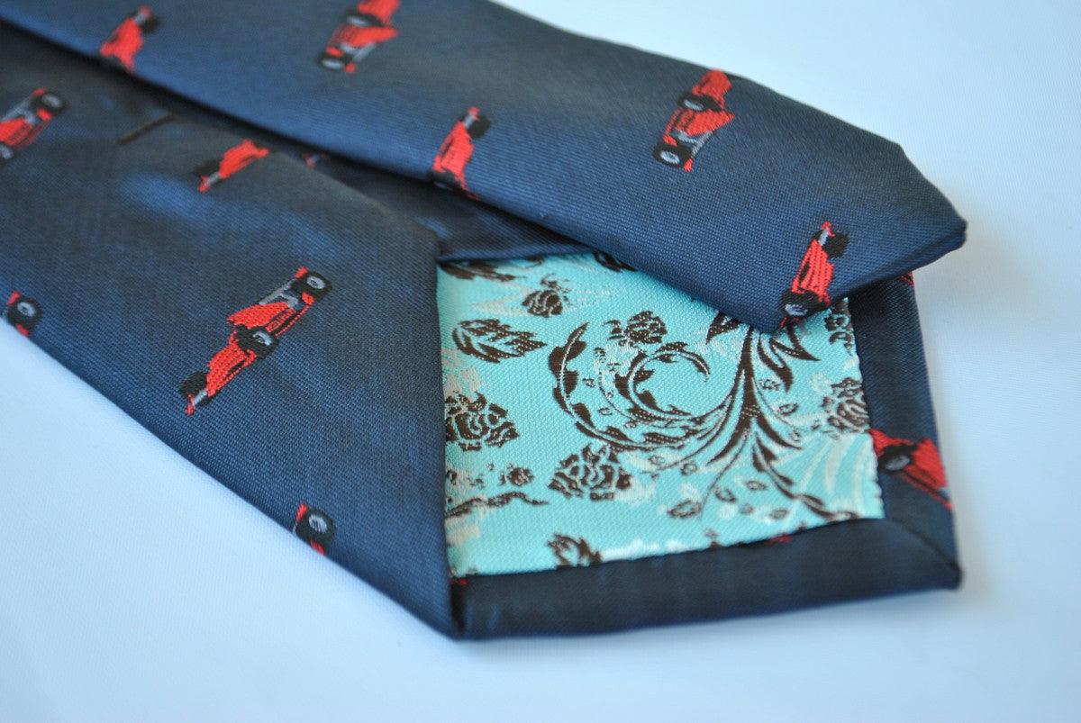 handmade navy blue tie with F1 racing car design with signature floral ...